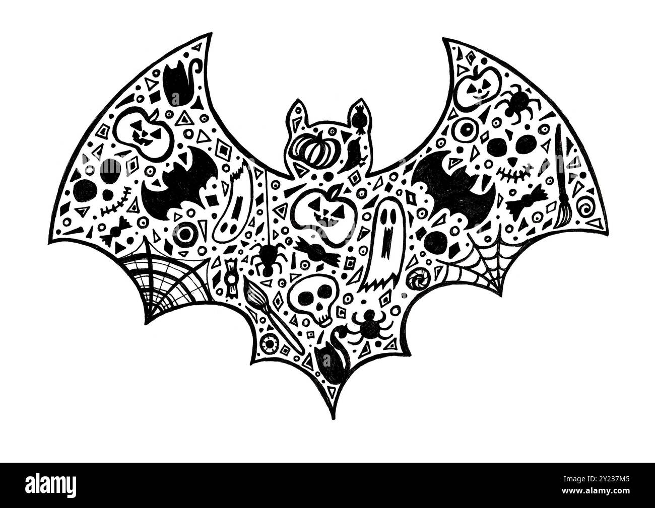 Doodle set of Halloween symbols inscribed in the silhouette of bat ...