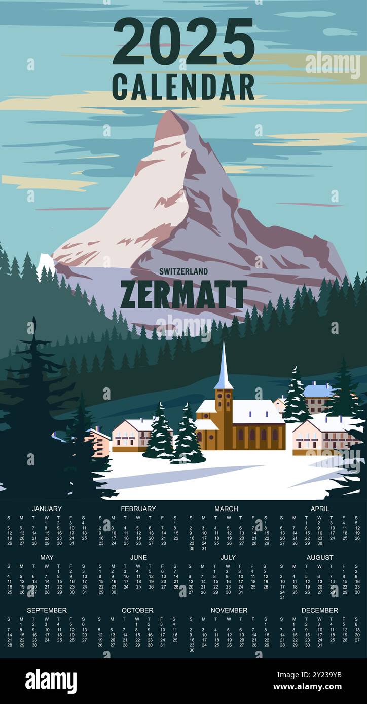 2025 Calendar Monthly Zermatt Ski resort poster, retro. Alpes Winter ...