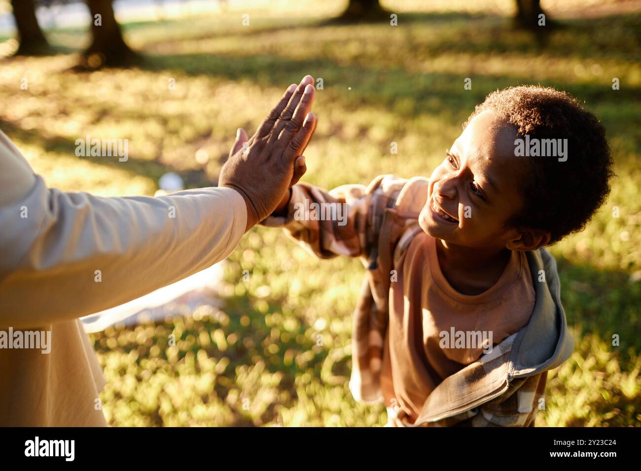 High angle shot of African American boy smiling and hiving five to his ...