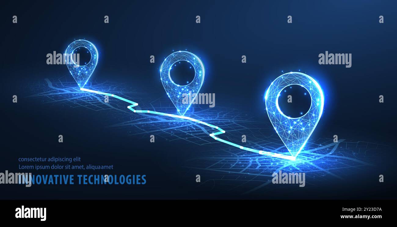 GPS. Abstract vector three pin icons on blue city map with white line ...