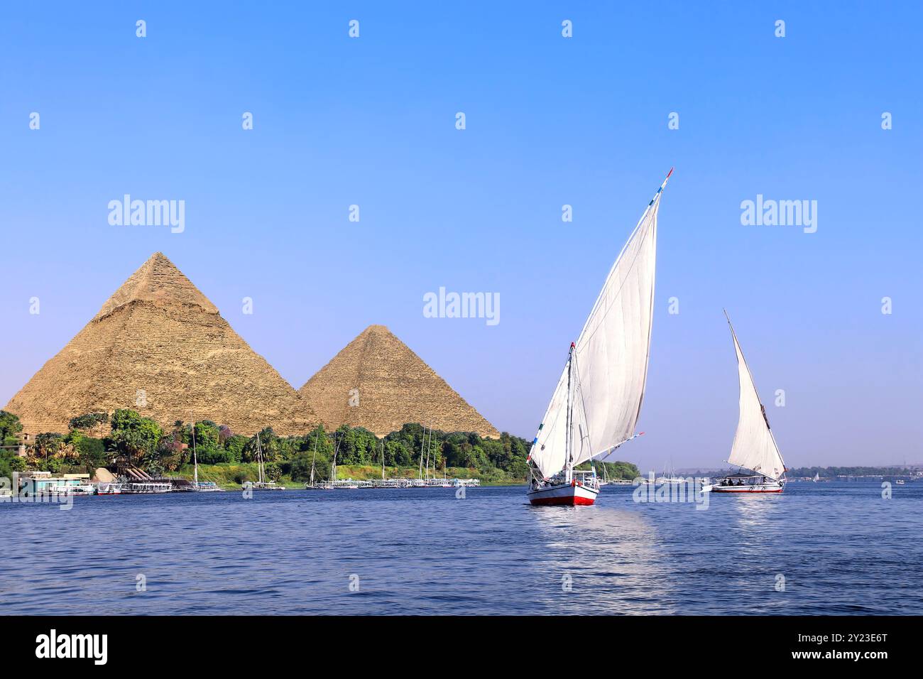 Famous Great Pyramids of Chephren and Cheops and traditional sailing ...