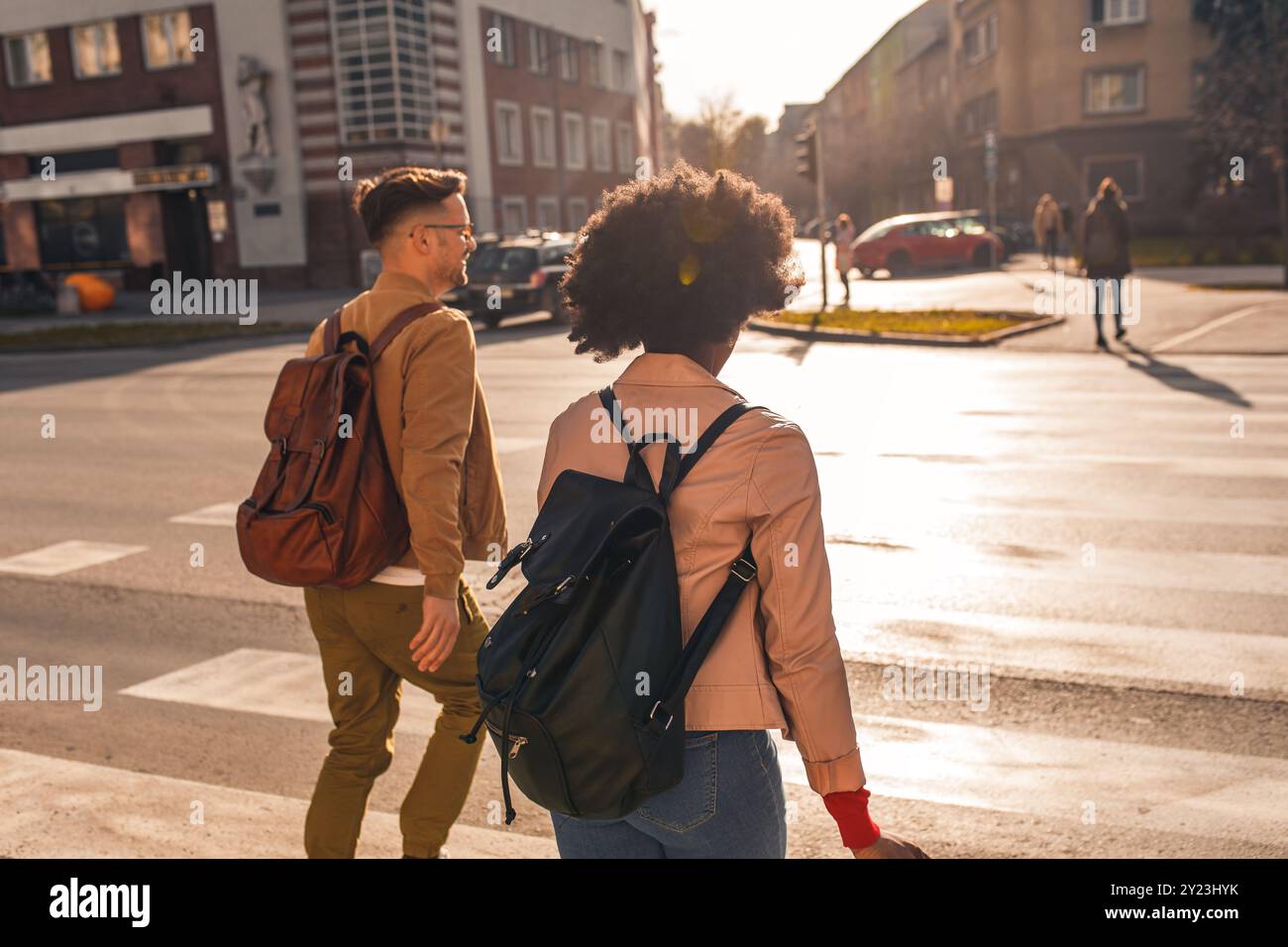 Smiling couple enjoying on vacation, young tourist having fun walking ...