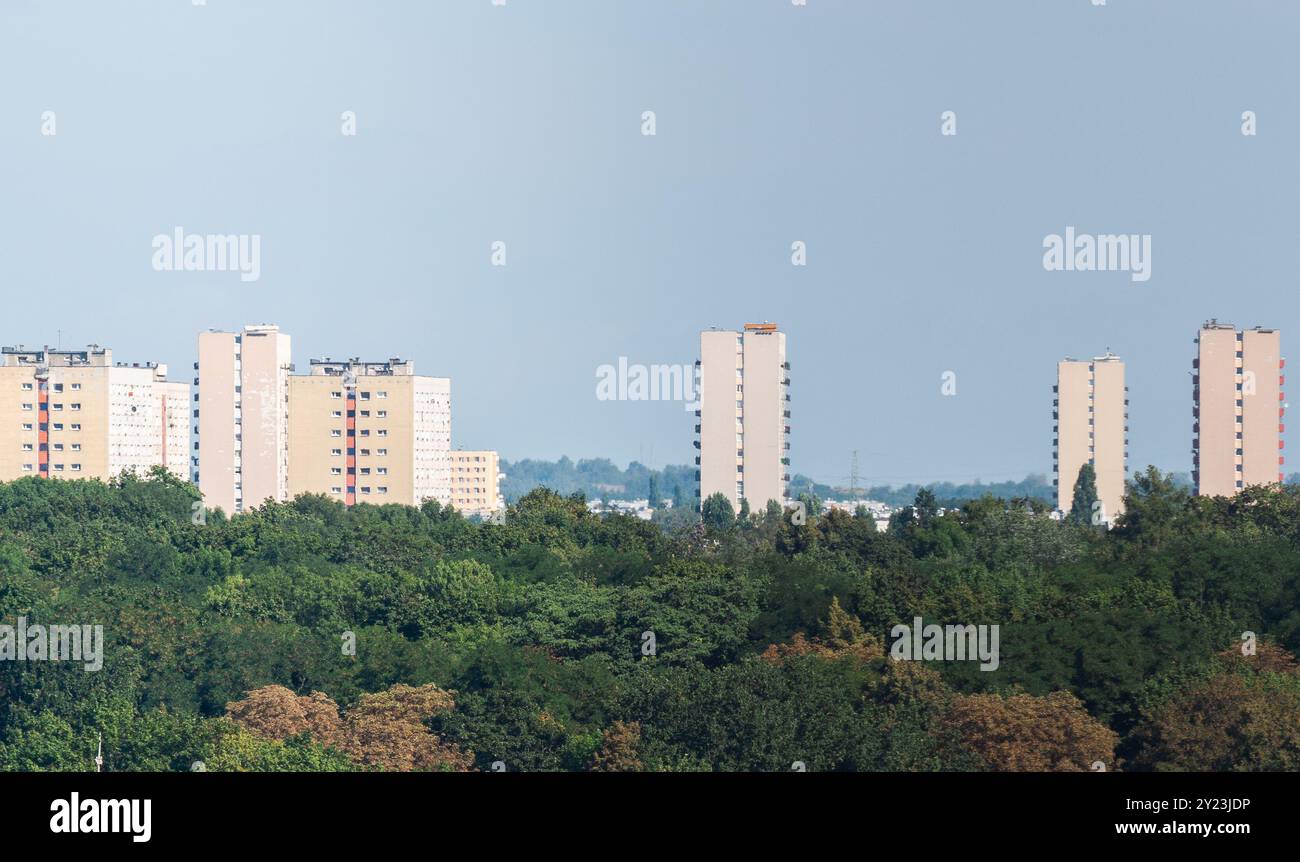 Concrete real estate district above city park. Eastern europe ...