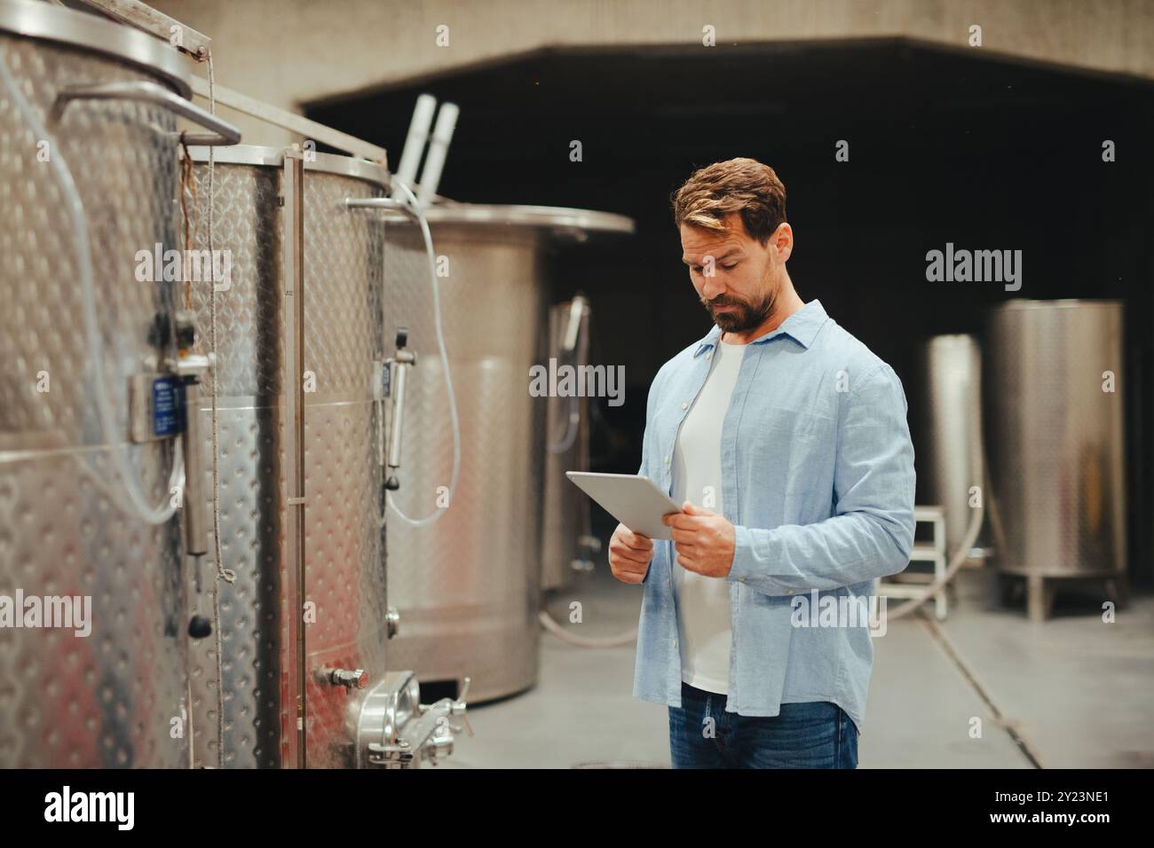 The winemaker standing in the wine cellar, monitoring the fermentation ... The winemaker standing in the wine cellar, monitoring the fermentation ...