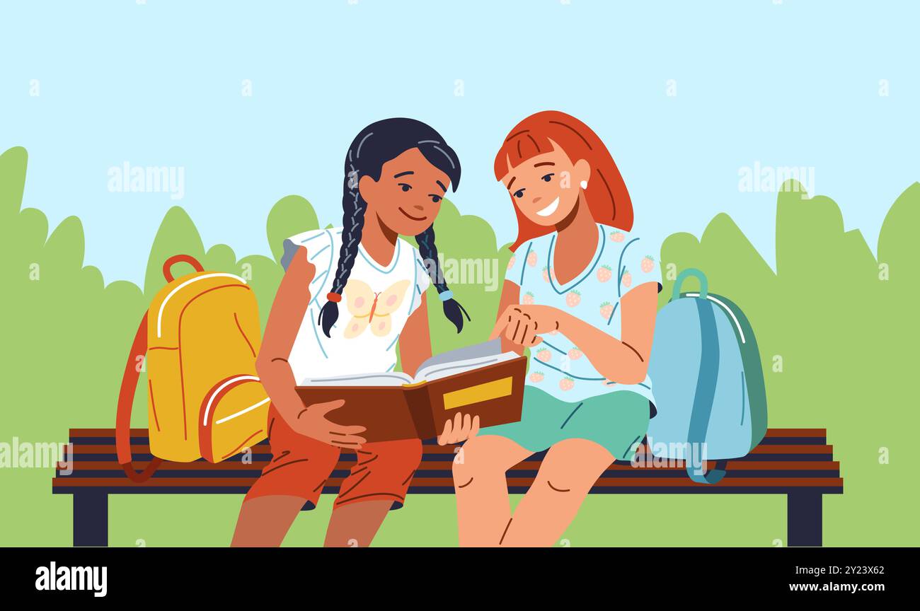 Cute girls students reading book in park flat illustration. Friends ...