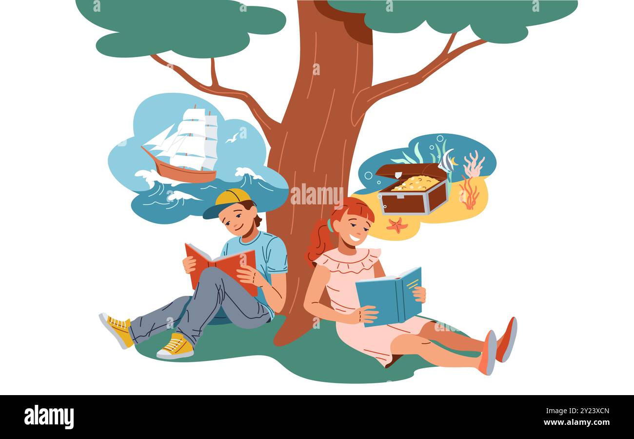 Children reading books about sailing and treasure flat color vector ...