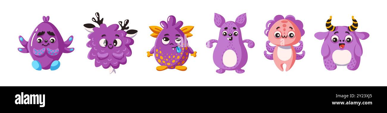 Surreal purple monsters characters flat color vector icon set. Childish ...