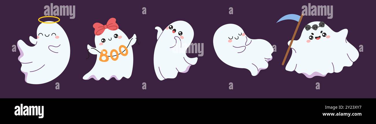 Funny ghosts Halloween party flat color vector characters set. Spooky ...