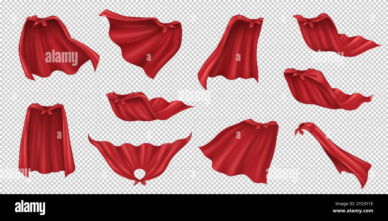 Hero capes of red fabric realistic vector illustration set. Traditional ...