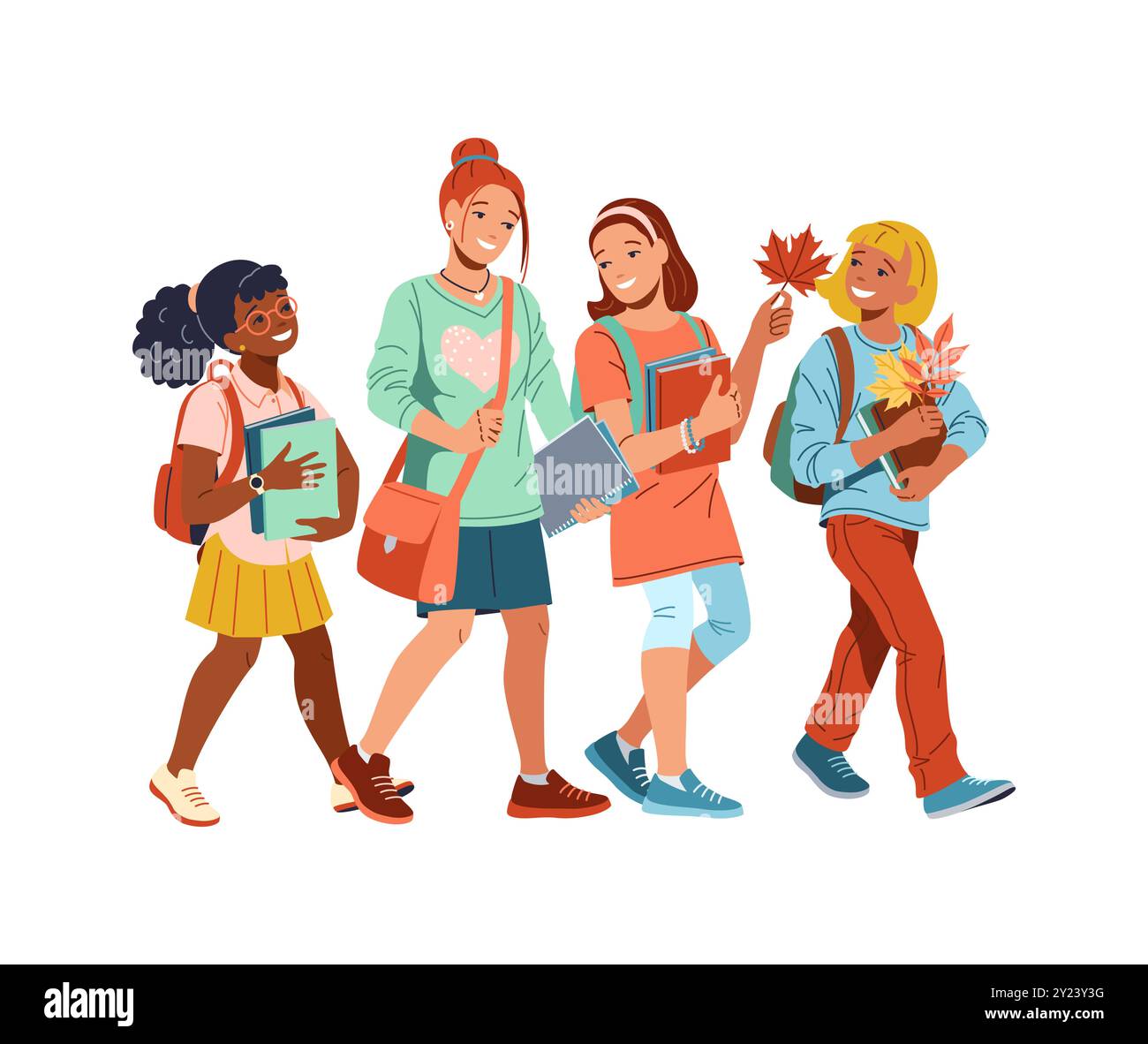 Smiling diverse girls with school supplies flat color vector ...