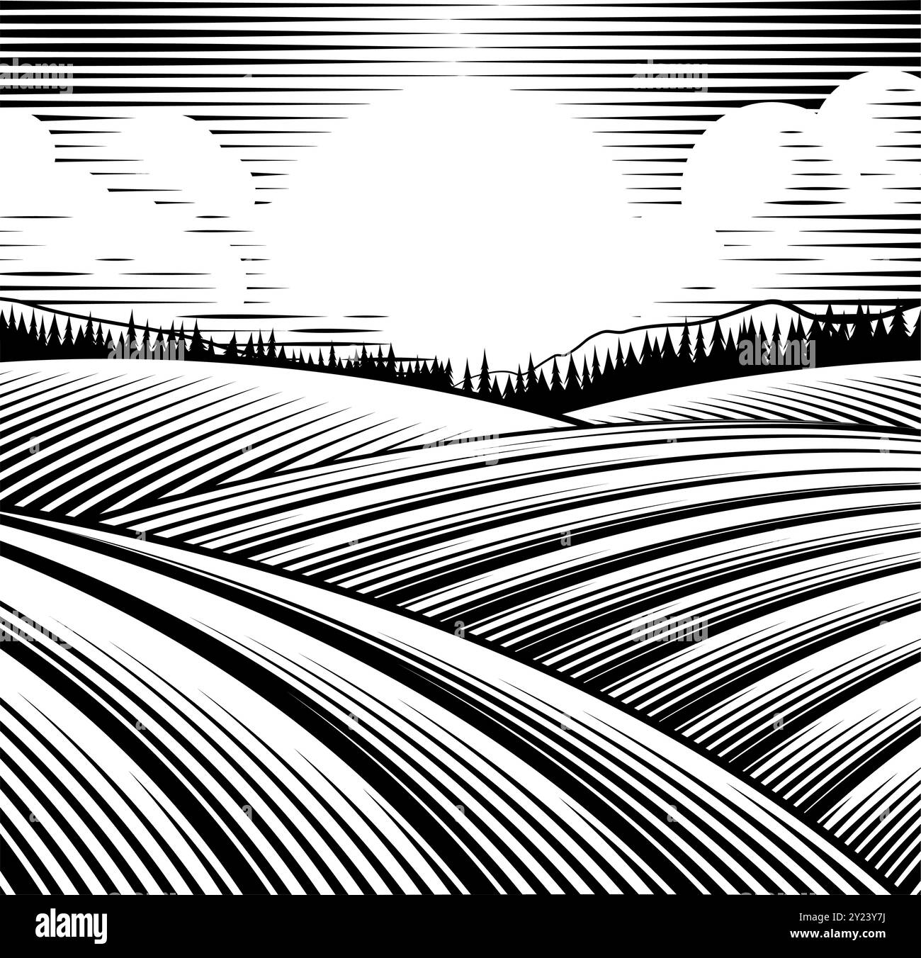 Rolling Hills Drawing In A Vintage Woodcut Style Stock Vector Image ...