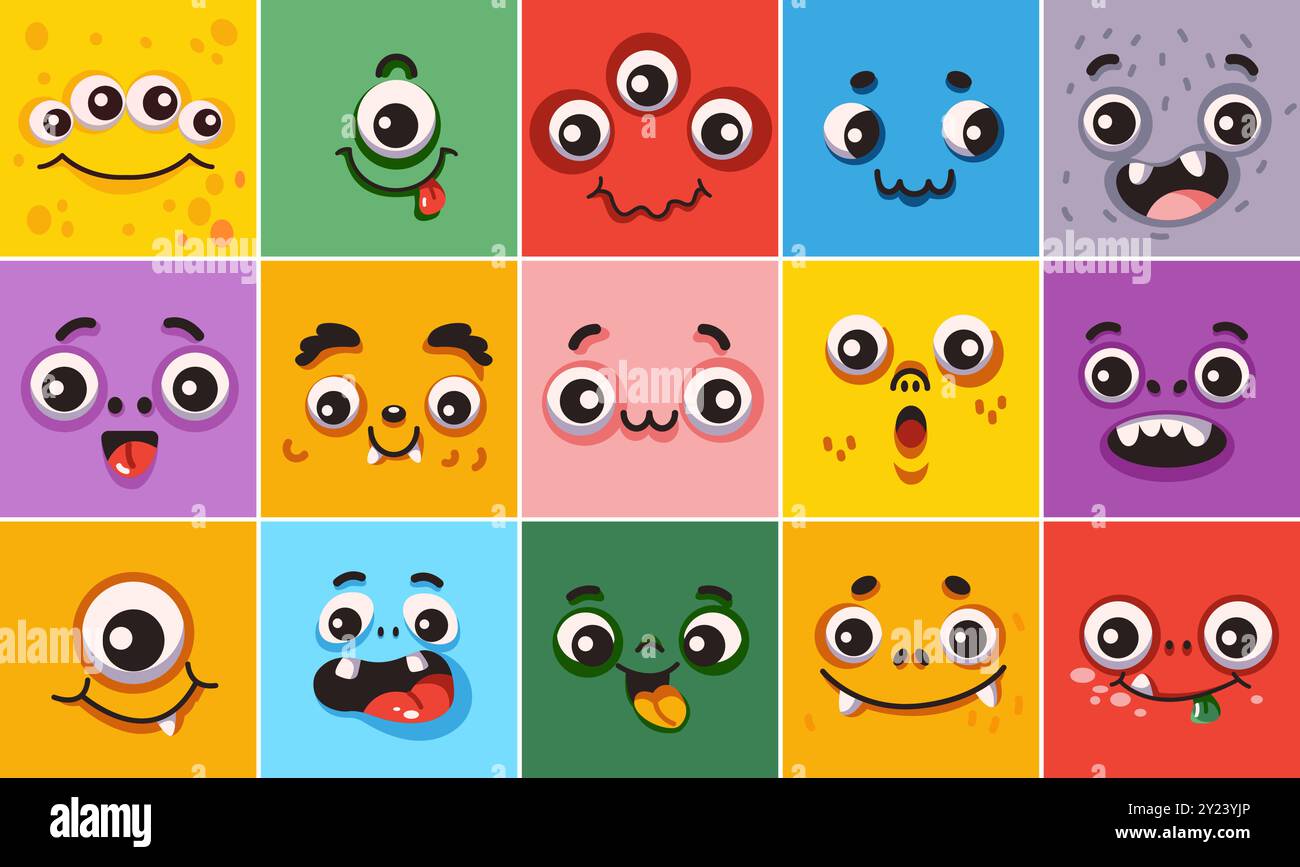 Childish creatures faces in multicolor squares level color vector ...