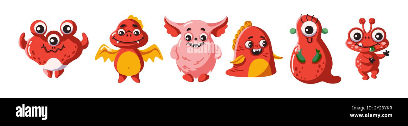 Funny red monsters group flat color vector characters set. Friendly ...