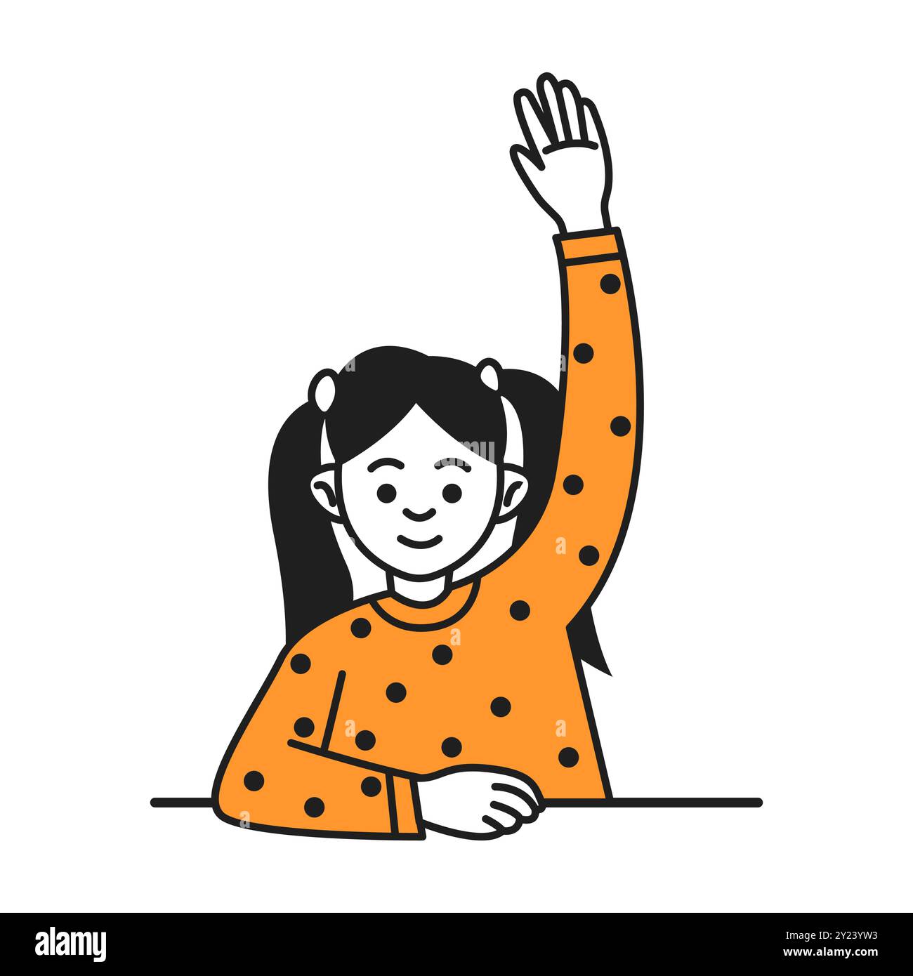 Girl student raising hand at desk doodle line and color illustration ...