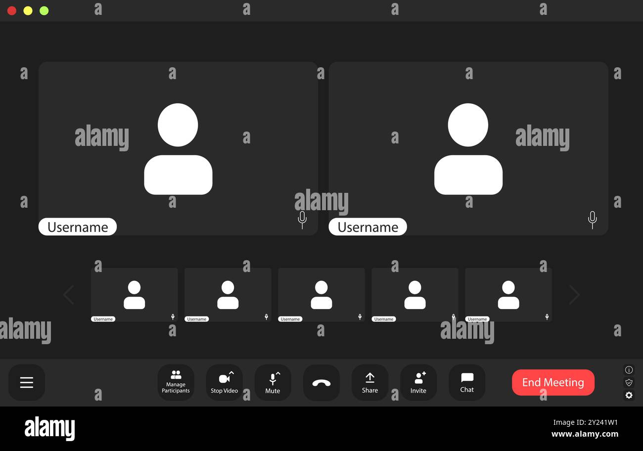 Empty video call interface with participant icons and muted audio controls during an online ...