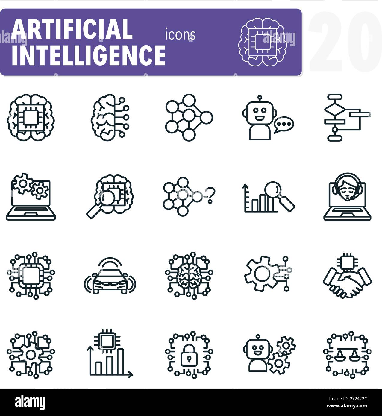 Set of artificial intelligence line icons showing machine learning ...