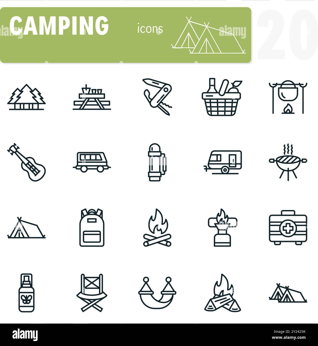 Set of 20 camping equipment minimalistic line icons showing activities ...