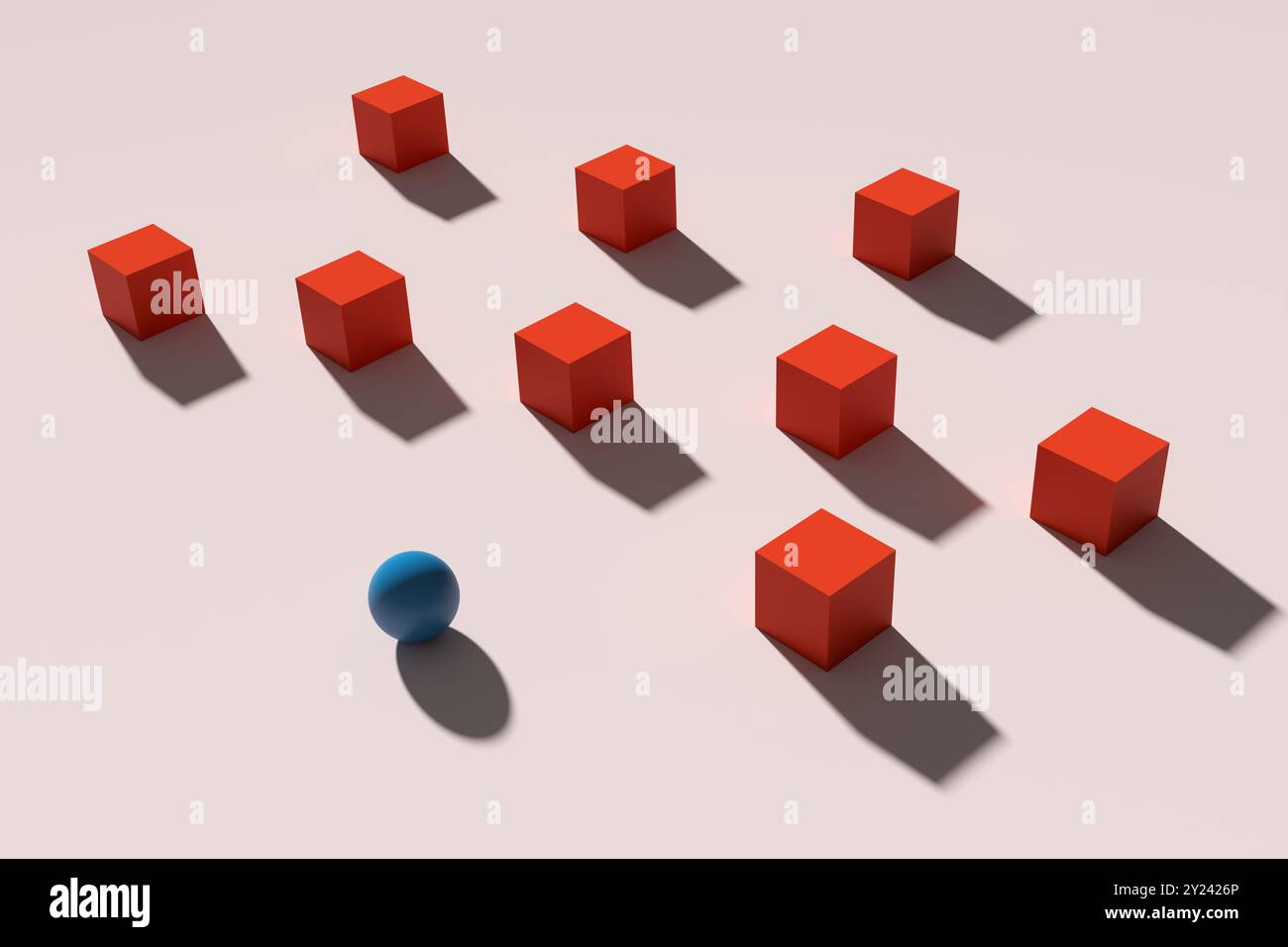 3d render of a blue sphere standing out from the crowd of identical red ...