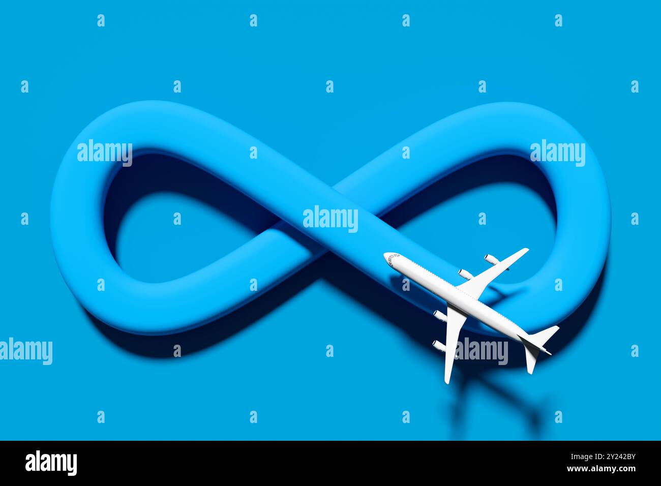 White airplane is flying over an infinity symbol on a blue background ...