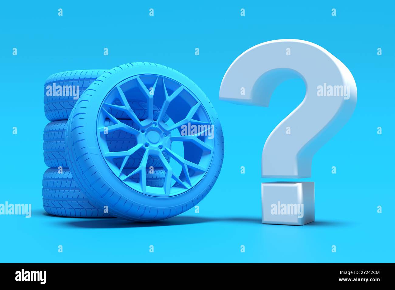 Blue wheels and a question mark are standing on a blue background ...