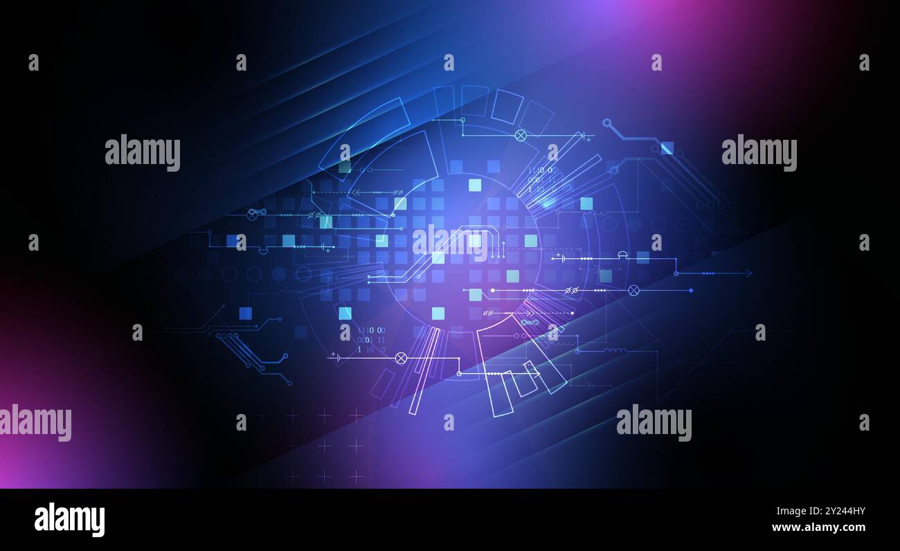 Abstract technological illustration with neon lights on a dark blue ...