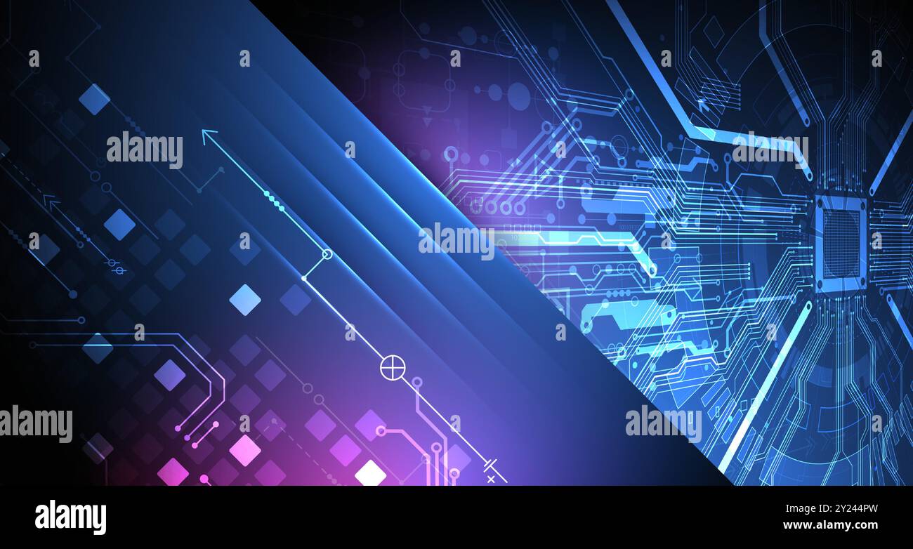 Abstract technological illustration with neon lights on a dark blue ...