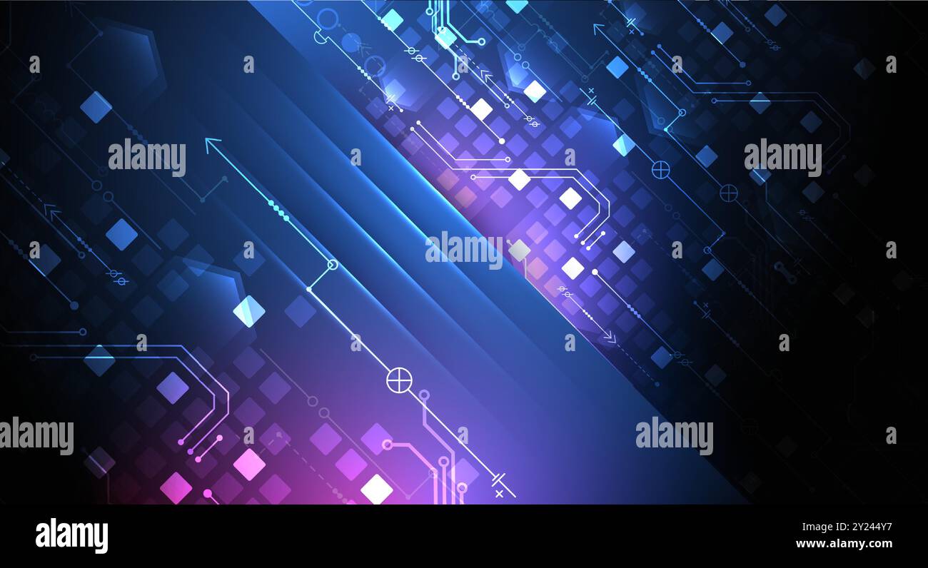 Abstract technological illustration with neon lights on a dark blue ...