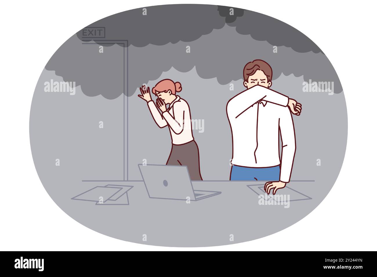 Office workers are evacuated from burning building during fire or smoke ...