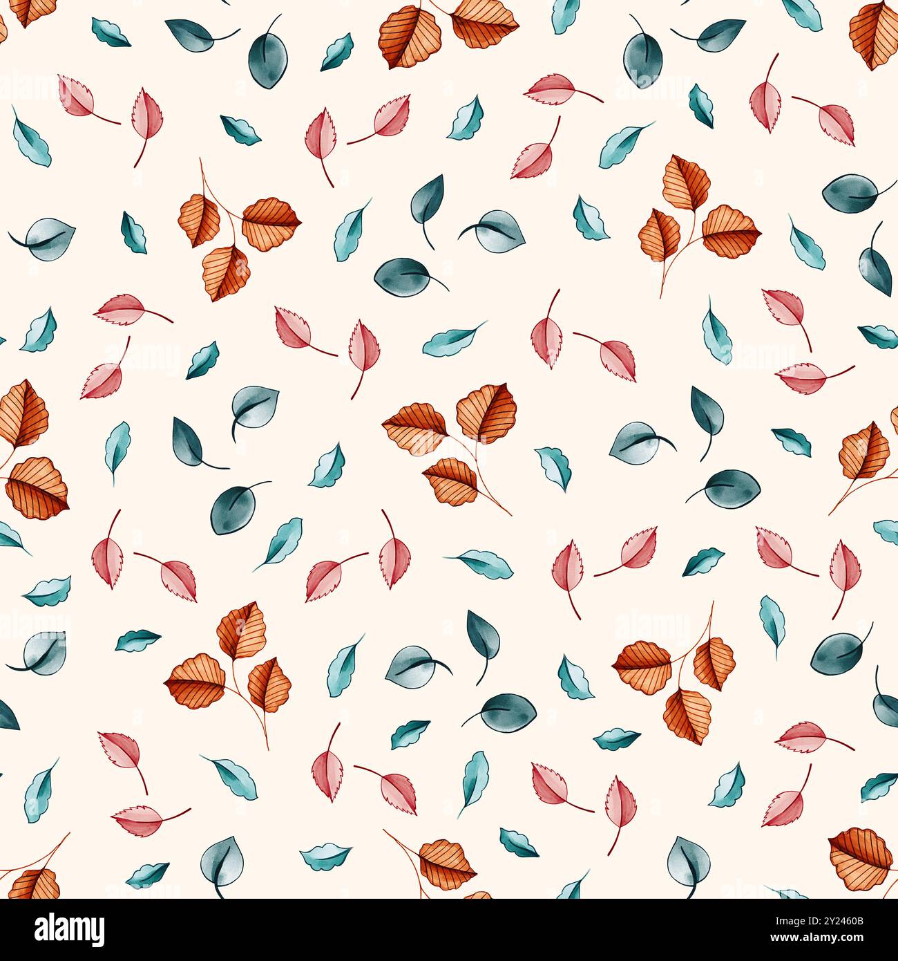Watercolor Autumn Green and Orange Leaves, Fall Season Ditsy Non ...