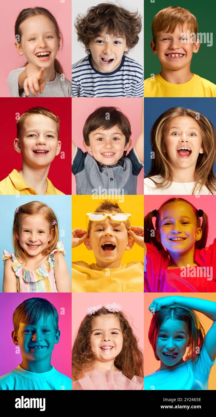 Collage made of portraits of young children engaged in learning and ...