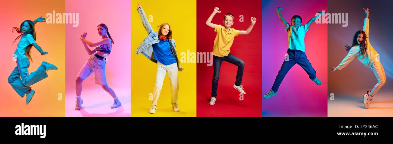 Banner. Collage of cheerful kids' photos, as they interact with books ...