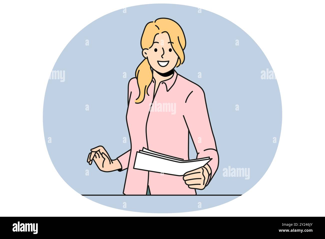 Smiling female employee deliver paperwork in office. Happy clerk pass ...