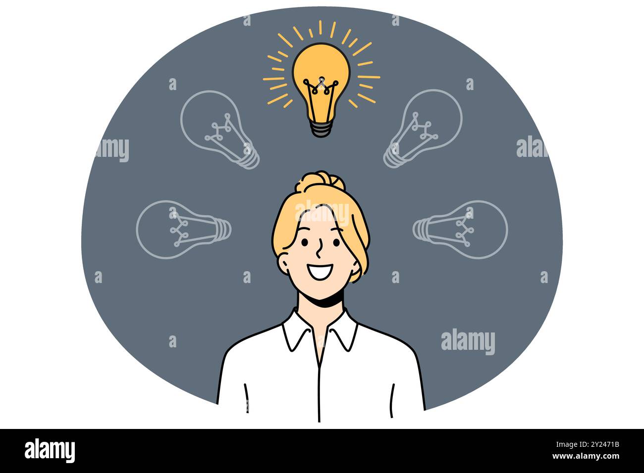 Smiling businesswoman with illuminated lightbulb above head excited ...