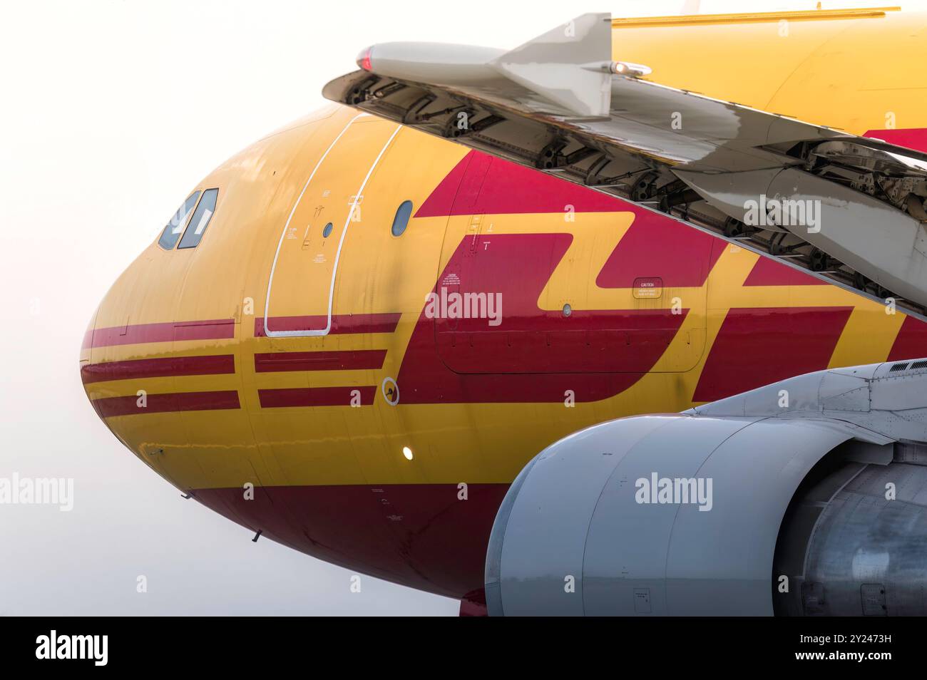Larnaca, Cyprus - May 24, 2024: Yellow DHL cargo airplane close-up ...