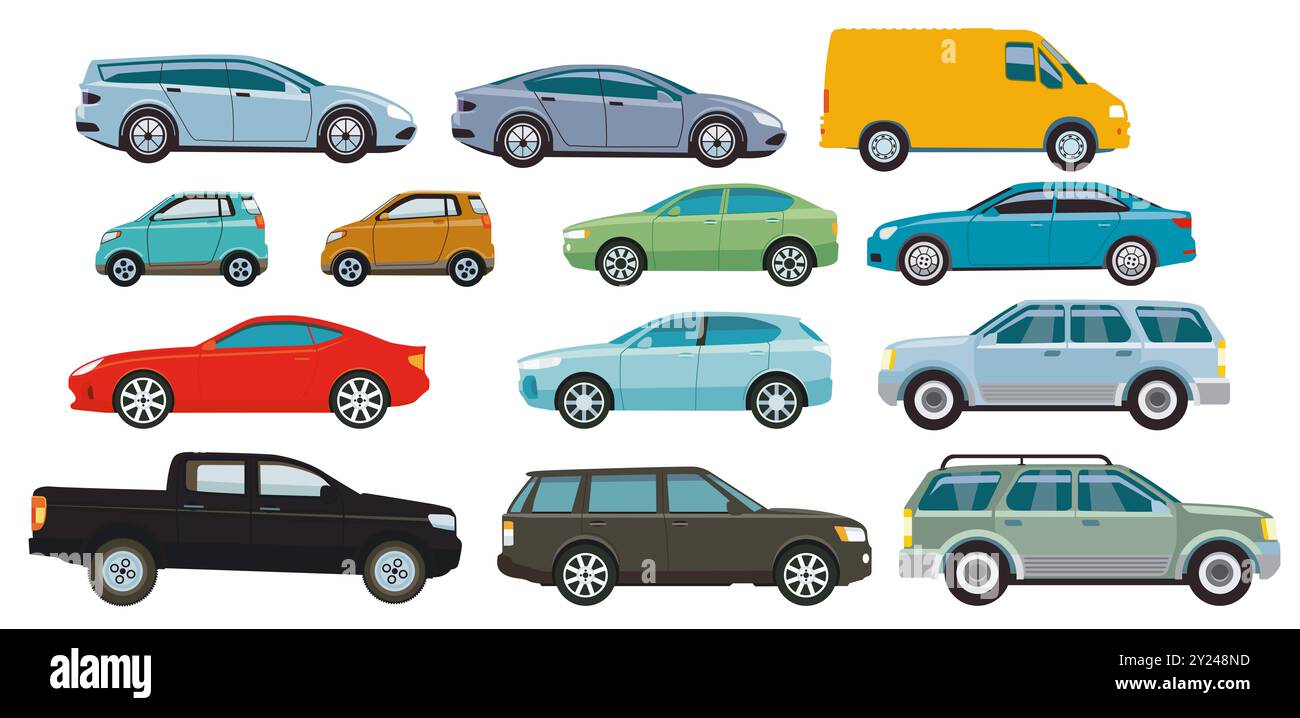 13 cars cutout on white, illustration Stock Photo - Alamy