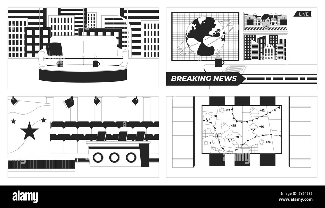 Different television studio setup black and white line illustrations ...