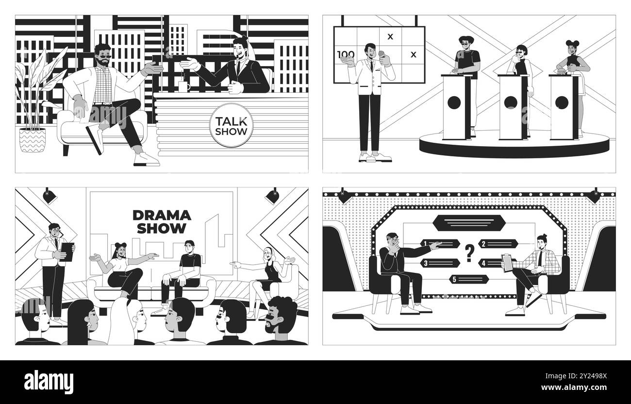 Entertainment TV shows black and white line illustrations set Stock ...