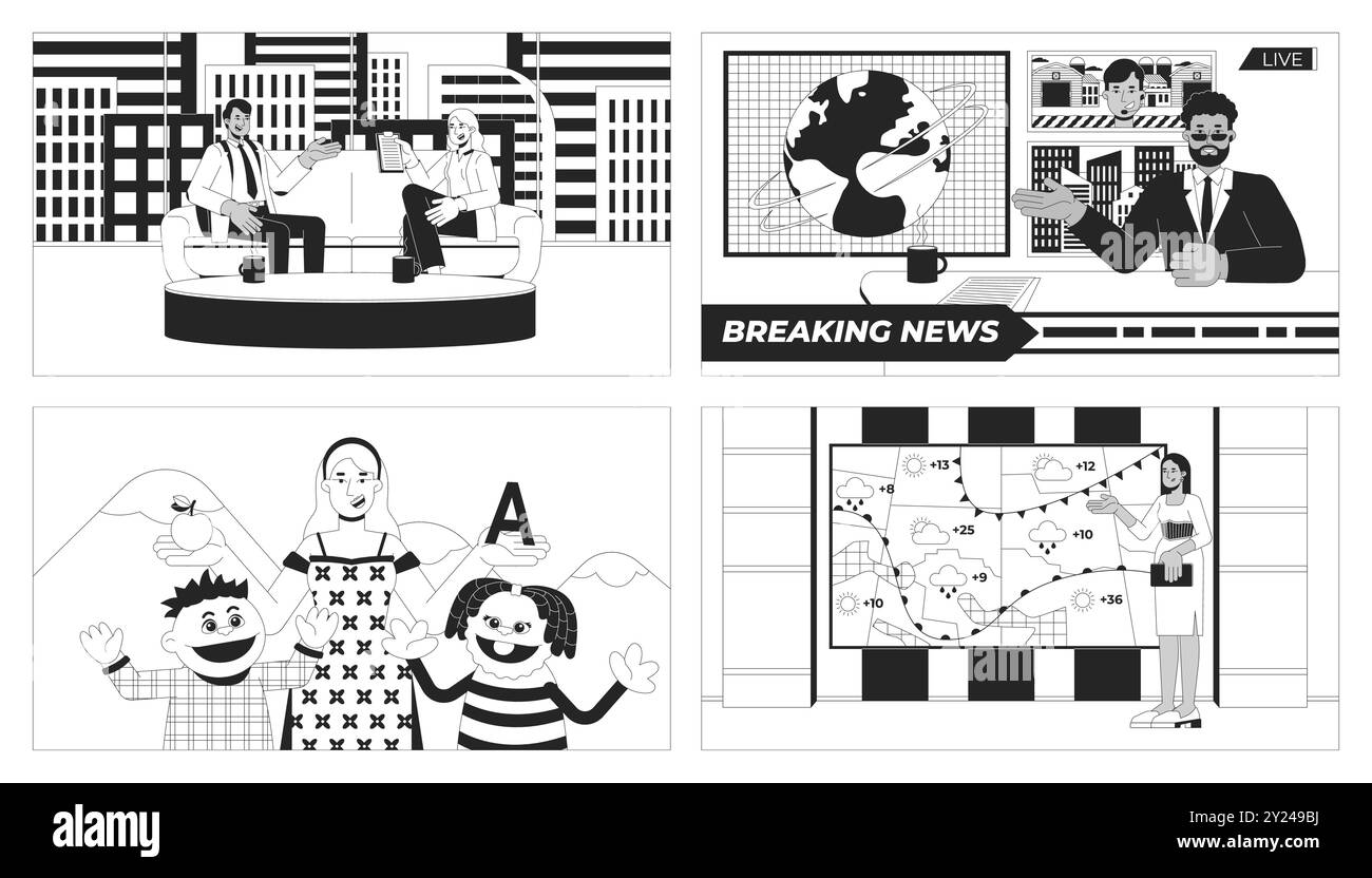 TV news and shows black and white line illustrations set Stock Vector ...