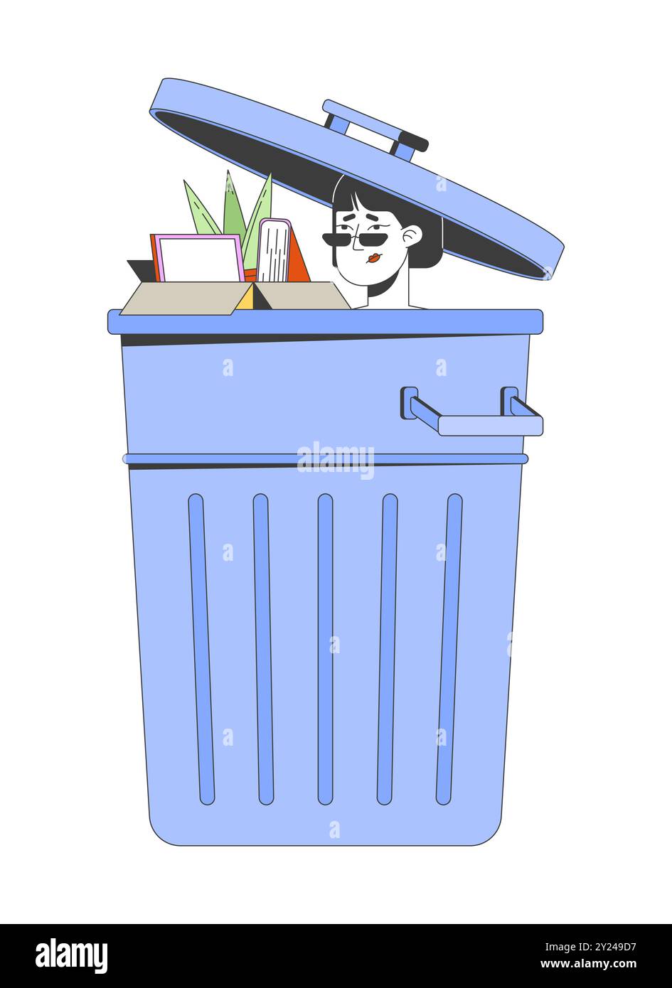 Sad discharged asian woman in waste container 2D cartoon character ...