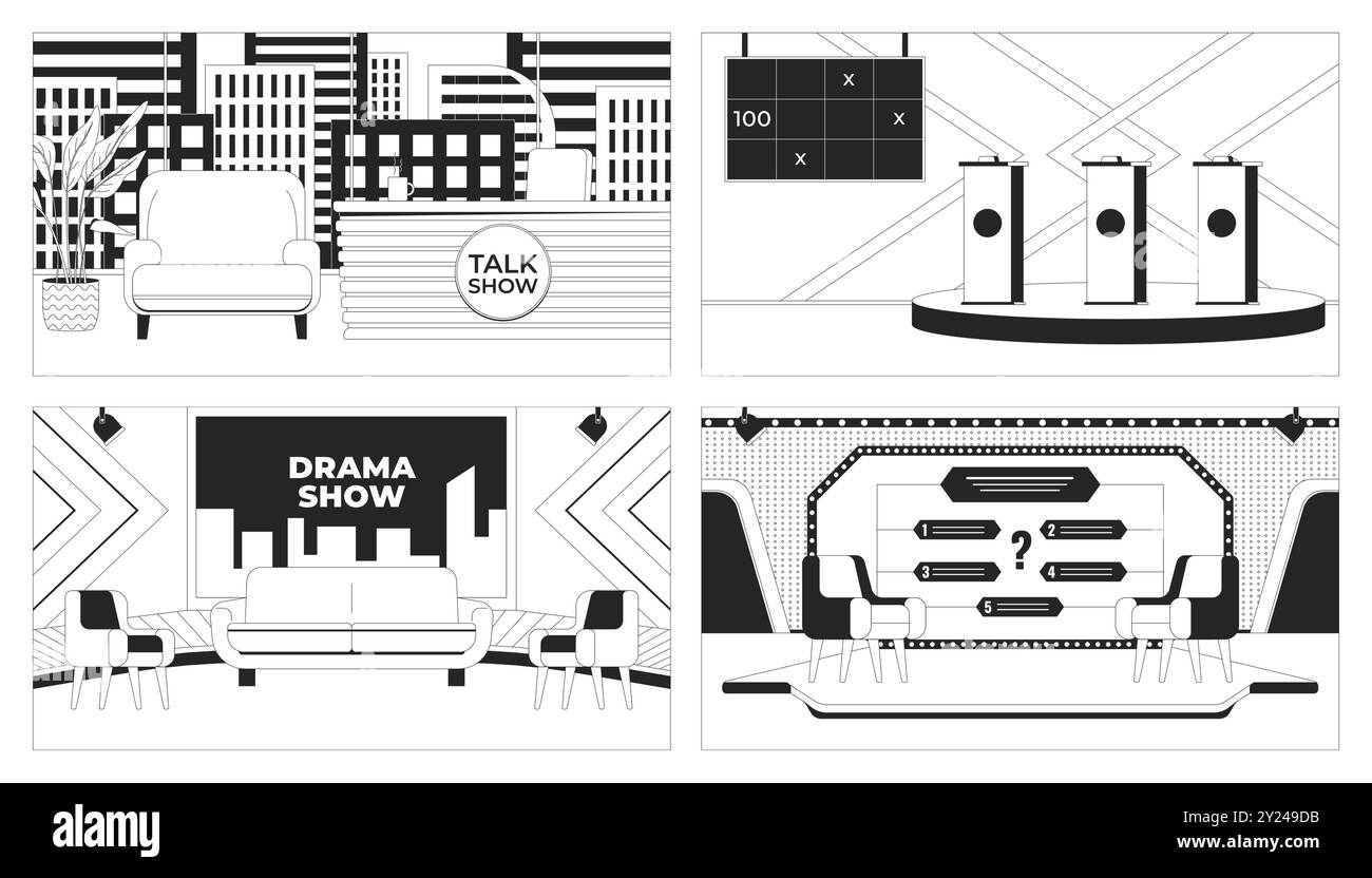 Entertainment TV shows studio setups black and white line illustrations ...