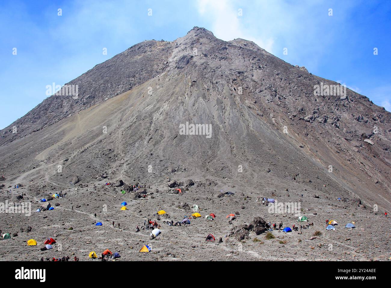Climbers of Mount Merapi set up tents in the Pasar Bubrah area, the ...