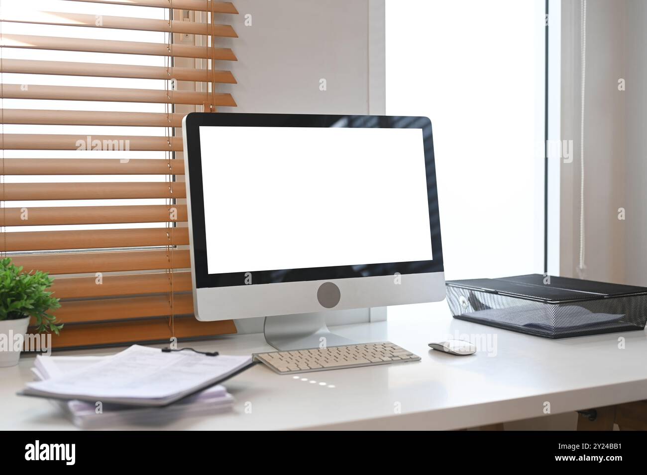 White blank screen computer monitor, paperwork and houseplant on ...