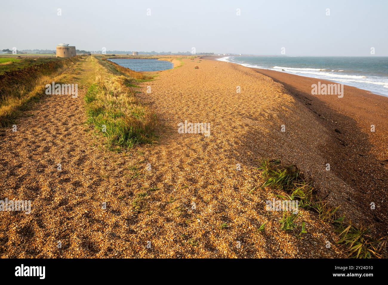 North Sea coastline view of shingle ridge and lagoon on beach bar ...