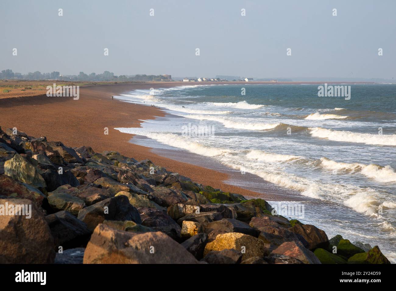 North Sea coastline view of rock armour and beach bar north to Shingle ...