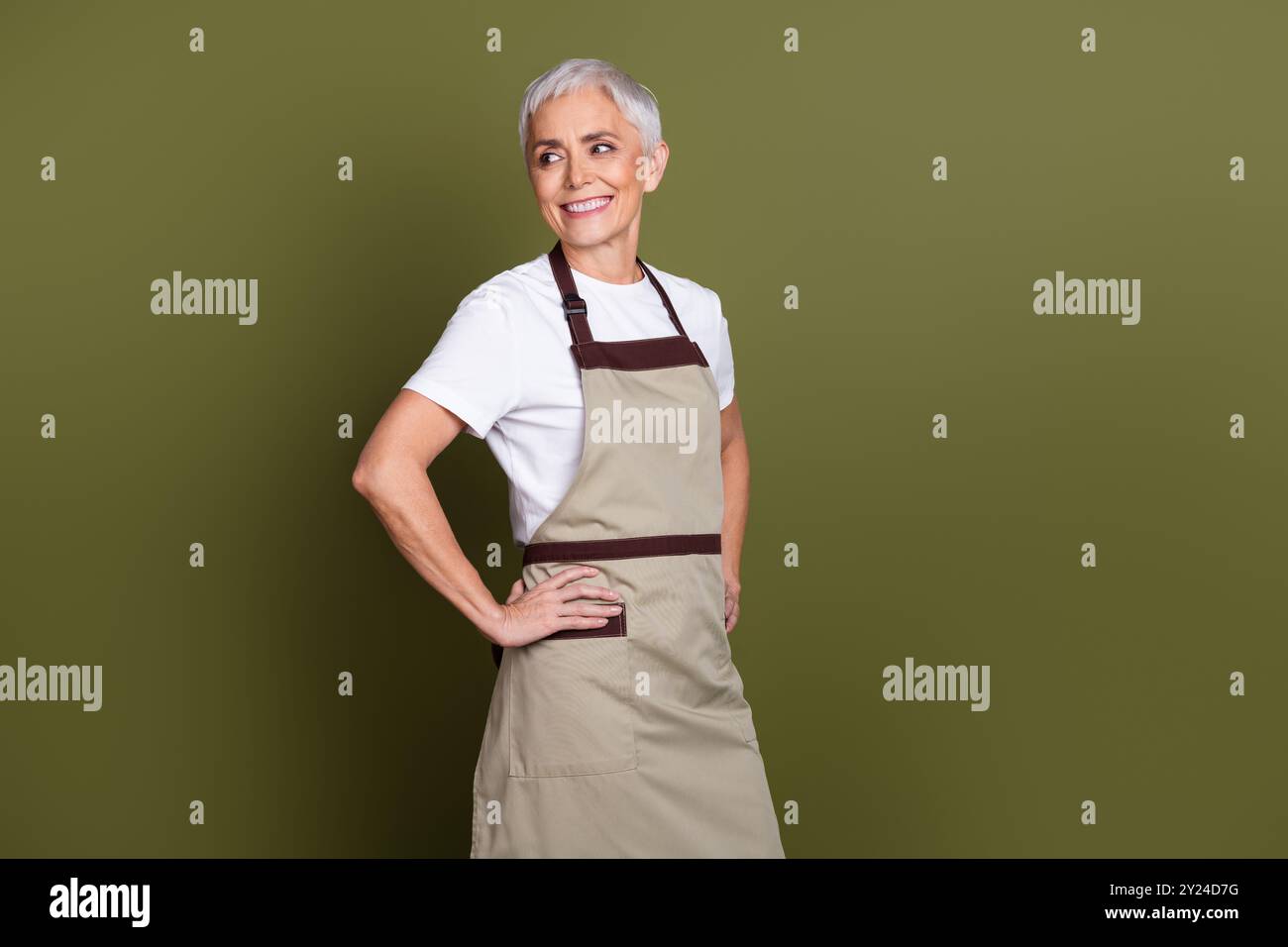 Photo of cheerful pretty lady dressed apron owning cafe smiling looking ...