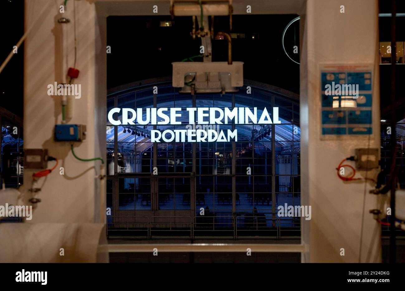 Rotterdam cruise terminal, name in lights seen from a ship in the ...