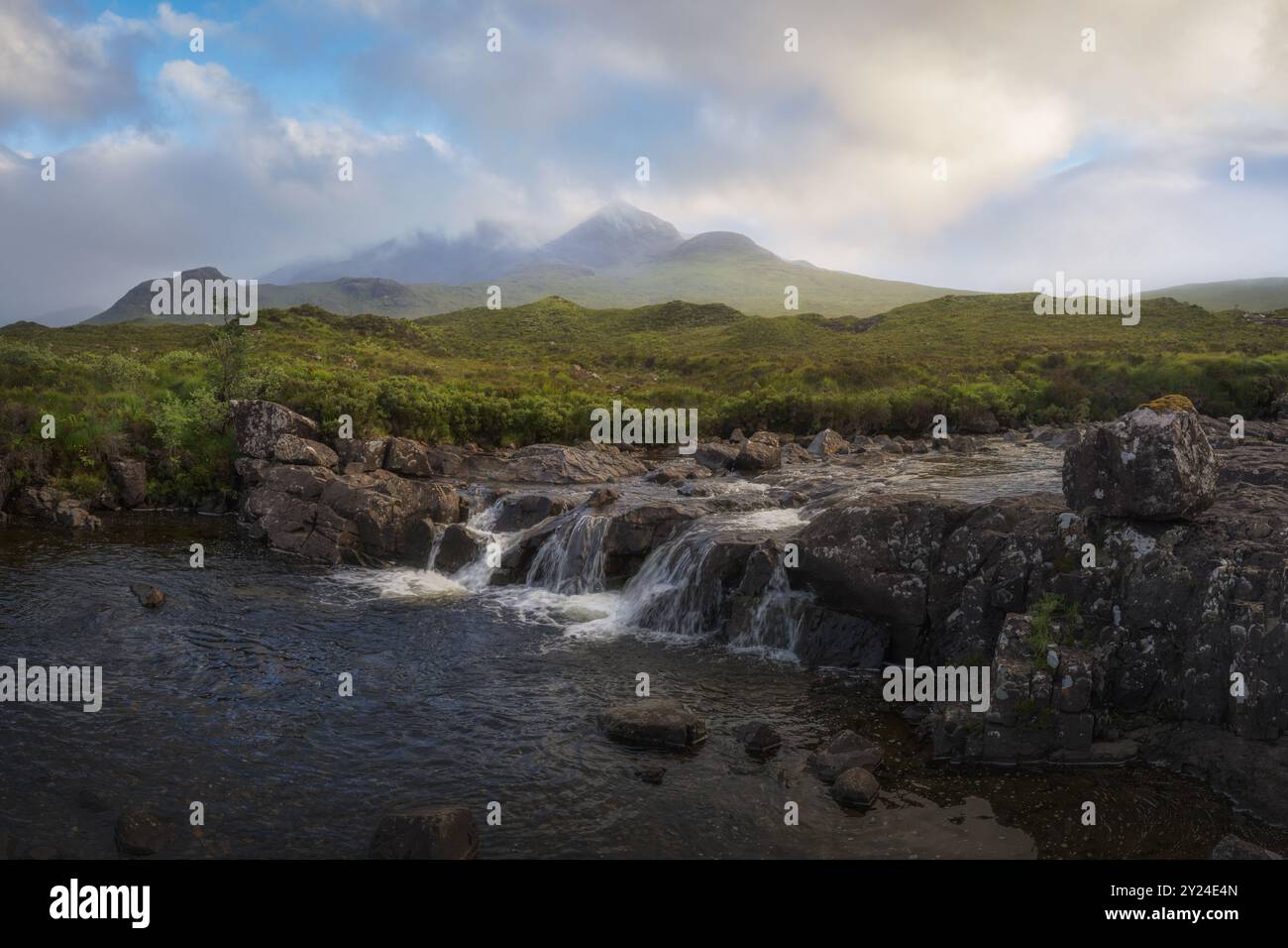 Waterfall in Sligachan Valley with Cuillin Hills, Isle of Skye Stock ...