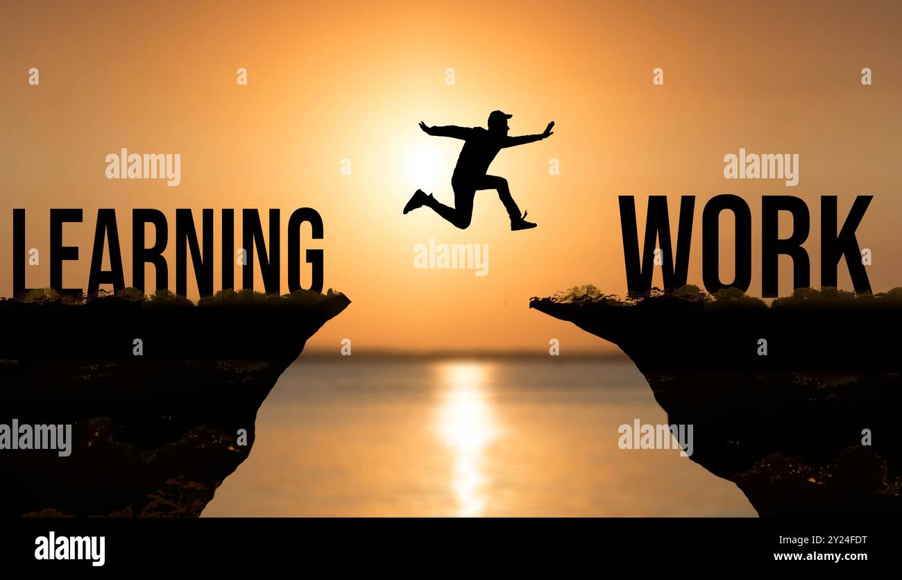 Learning and work concept. Silhouette of jumping student against the ...