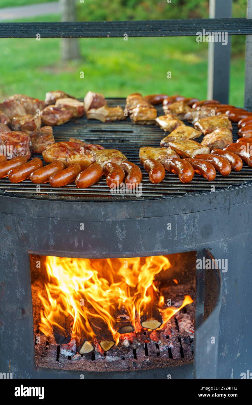 BBQ grill with meat and sausages on fire. Meat is fried on the grill ...