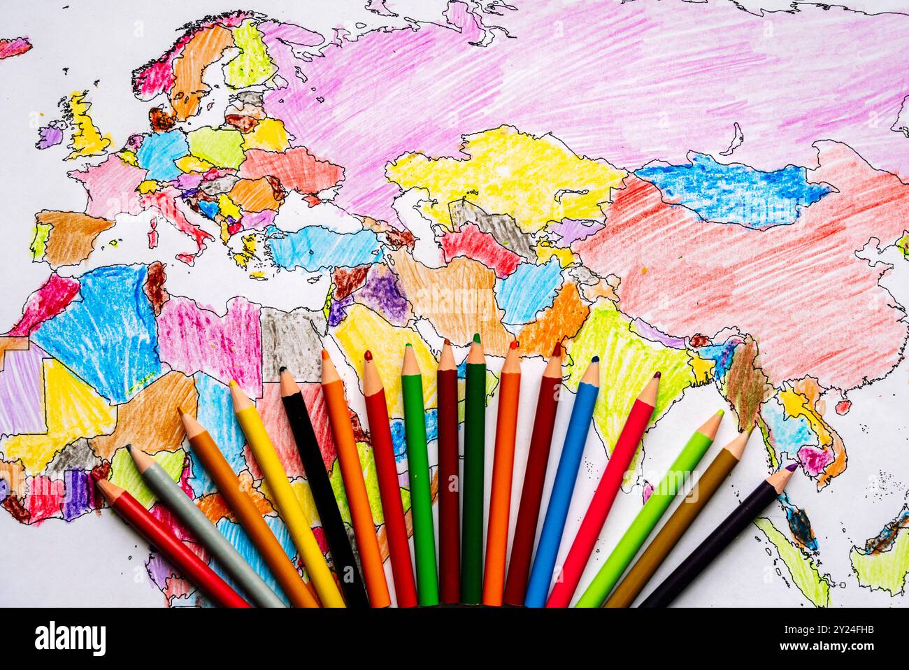 Color drawing world map with colored pencils for children and kids ...